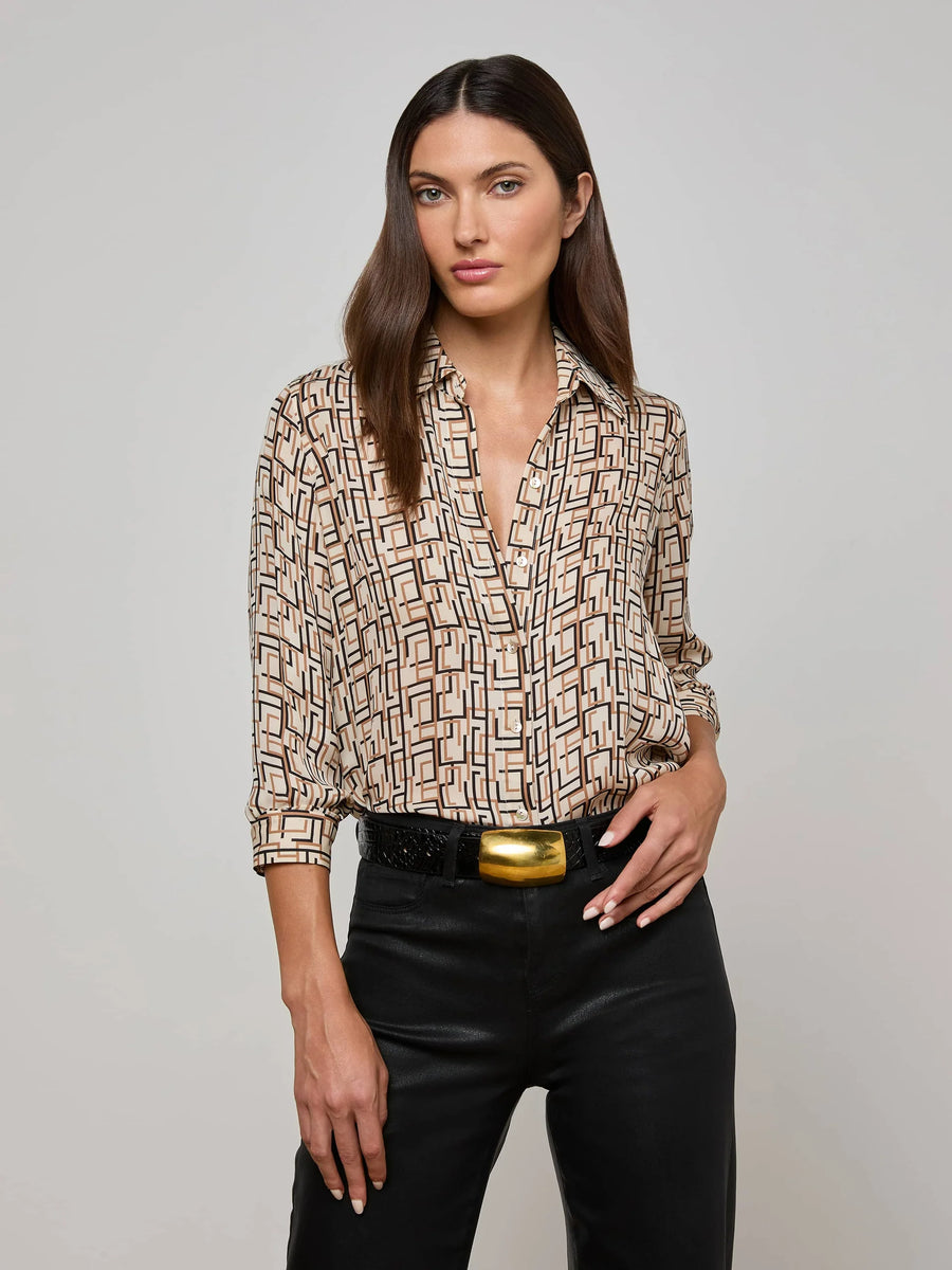 L'Agence Nina Silk Blouse - Ecru Multi Geo Print – Luck Lafayette